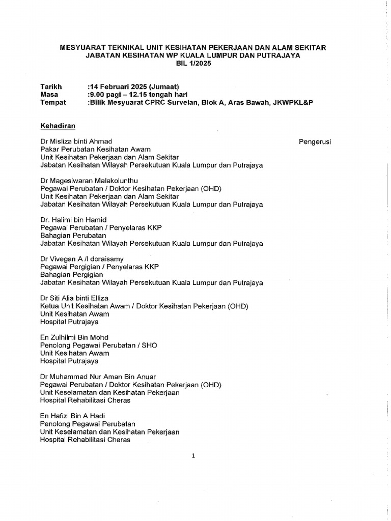 Minit Mesyuarat Teknikal KPAS Bil 1 2025 | PDF