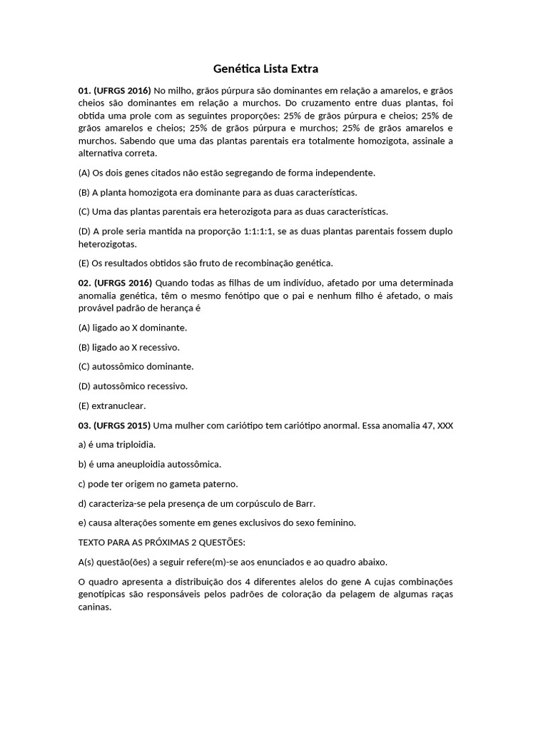 Genética Lista Extra | PDF | Dominância (genética) | Alelo