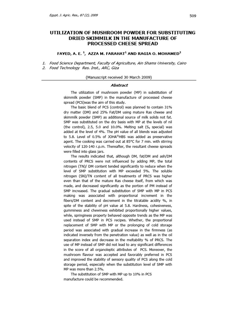 Utilization of Mushroom Powder For Subst | PDF | Cheese | Emulsion