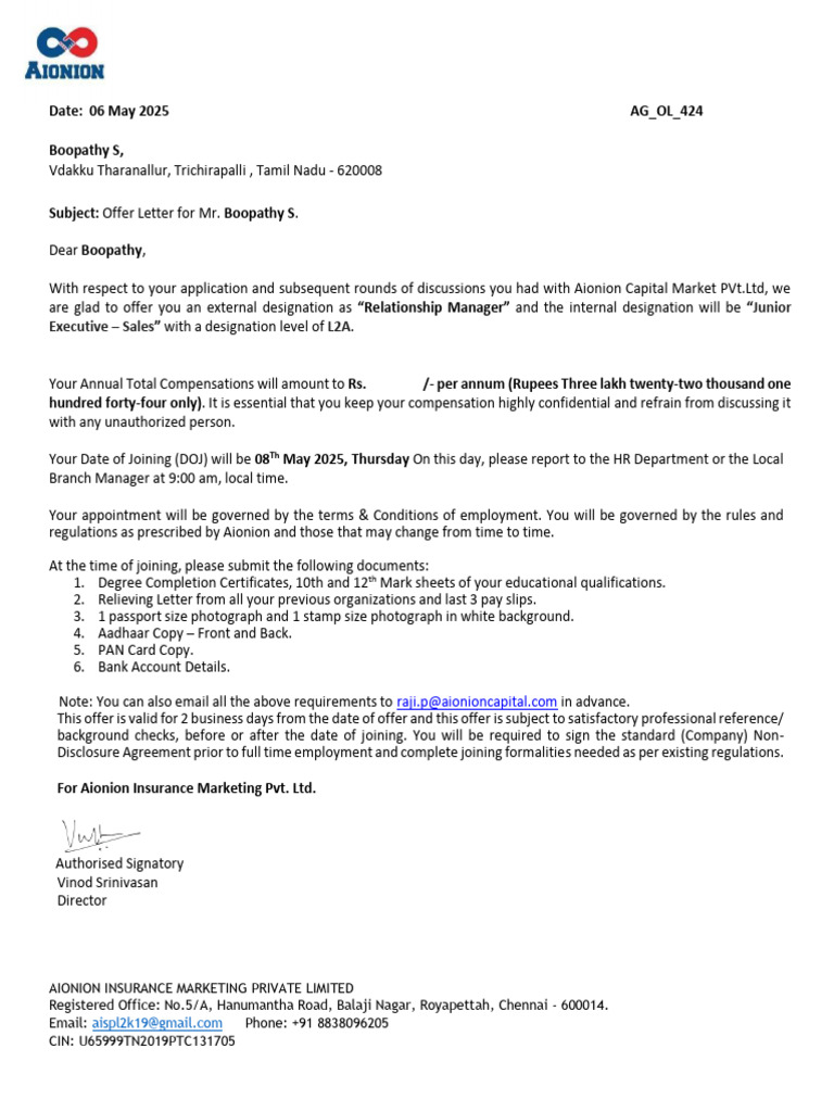 Offer Letter Boopathy S RM 6th May, 2025 | PDF | Employment | Salary