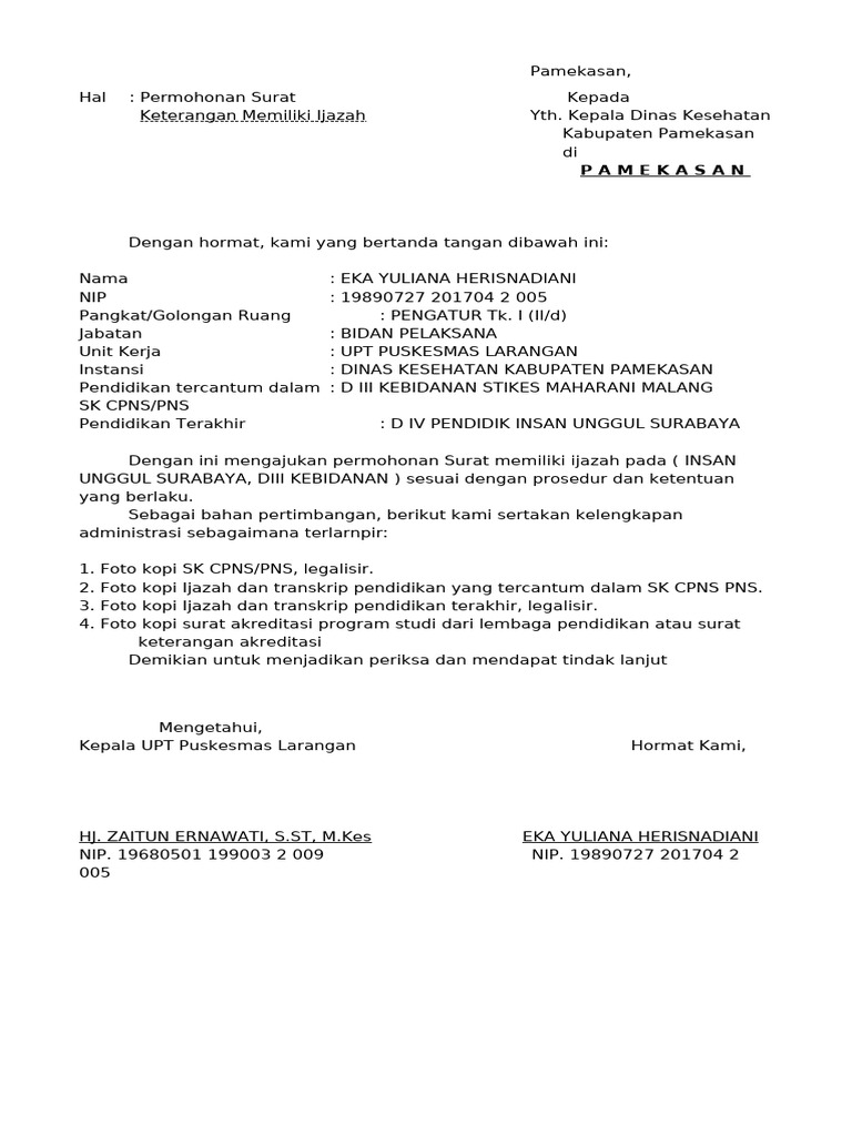 SURAT PERMOHONAN KETERANGAN MEMILIKI IJAZAH Eka | PDF