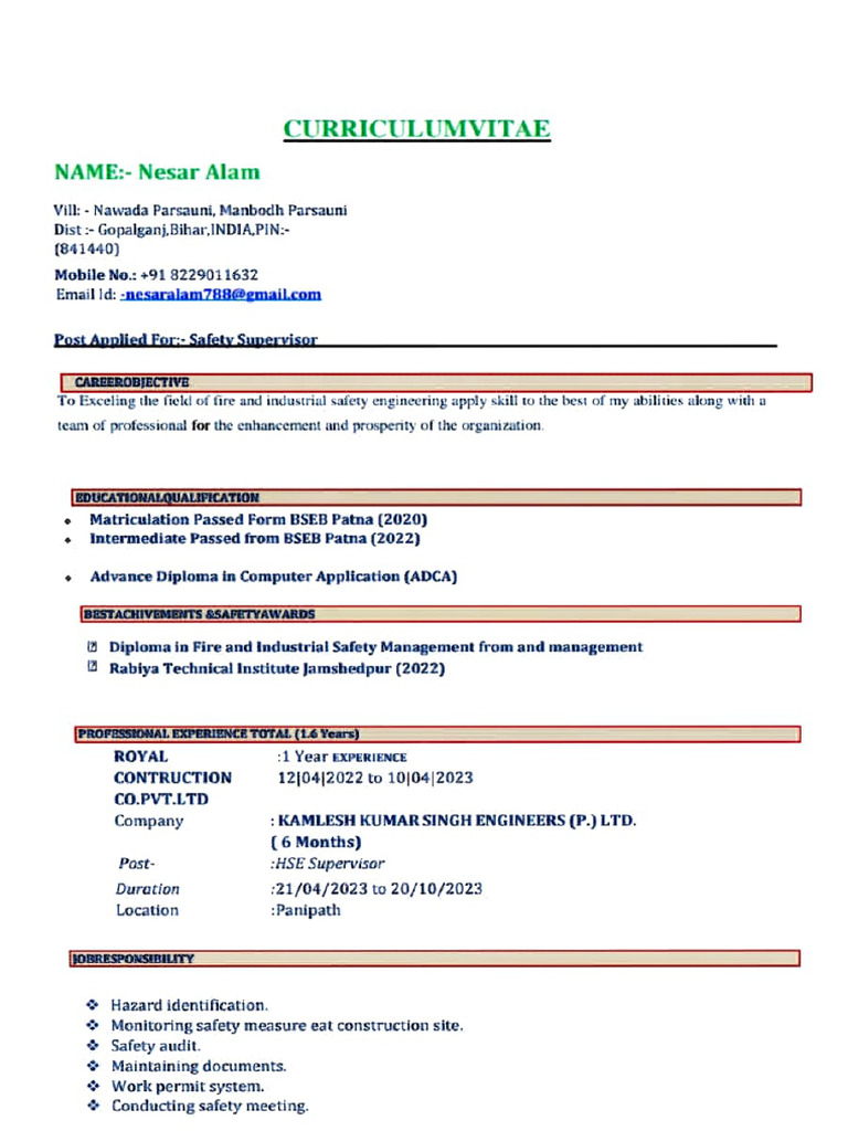 Nesar Alam Safety Supervisor | PDF | Safety