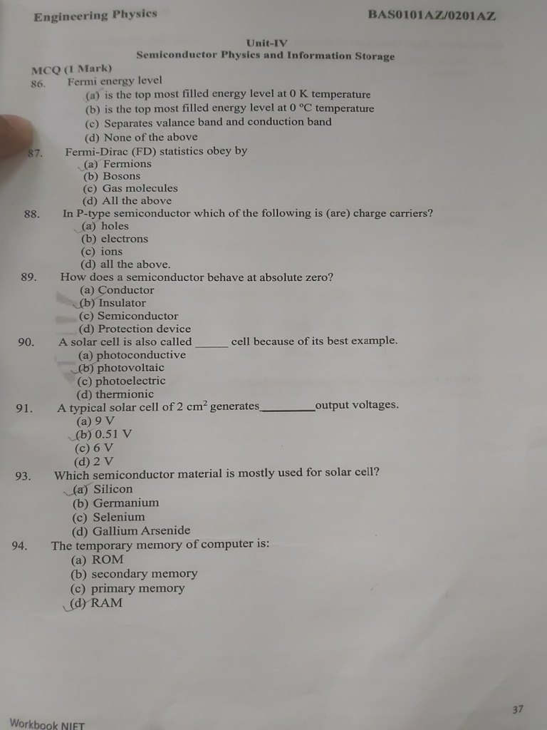 Engineering Physics Workbook Solutions Unit - 4 (Semiconductor Physics and Information Storage ...