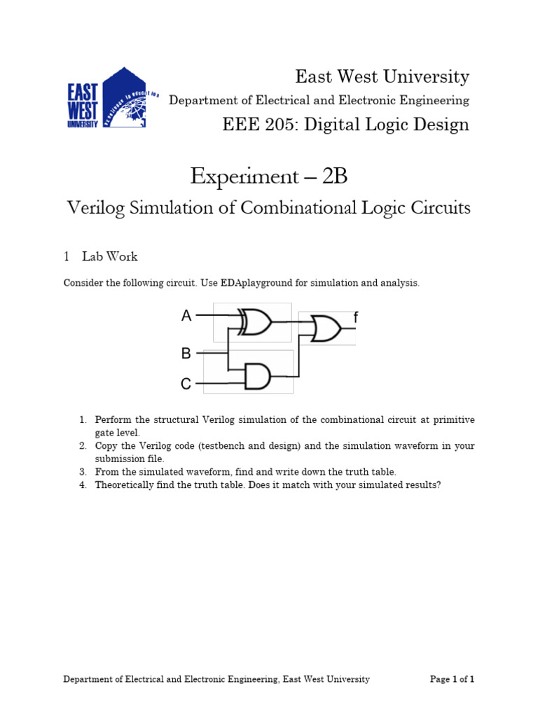 EEE 205; Experiment - 2B; Verilog simulation of combinational logic circuits; Sp25 | PDF