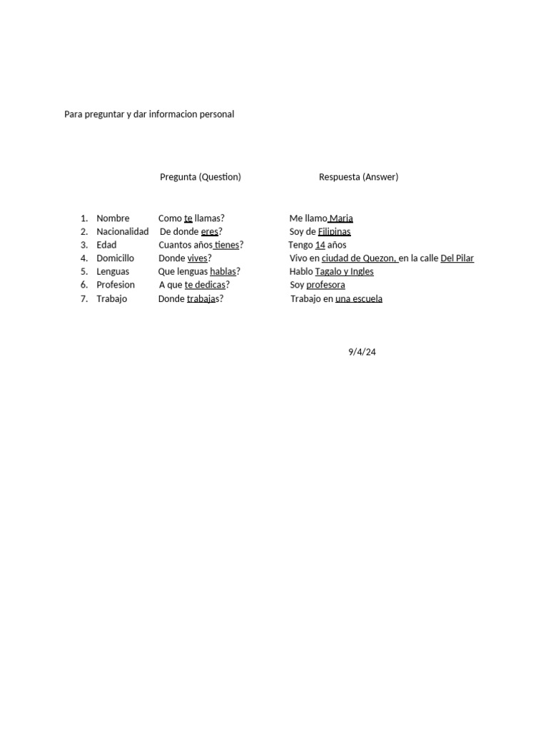 Para Preguntar y Dar Informacion Personal | PDF