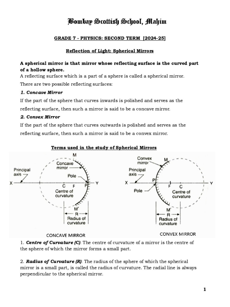 G7HANDOUT - Reflection of Light_ Spherical Mirrors | PDF | Mirror | Sphere