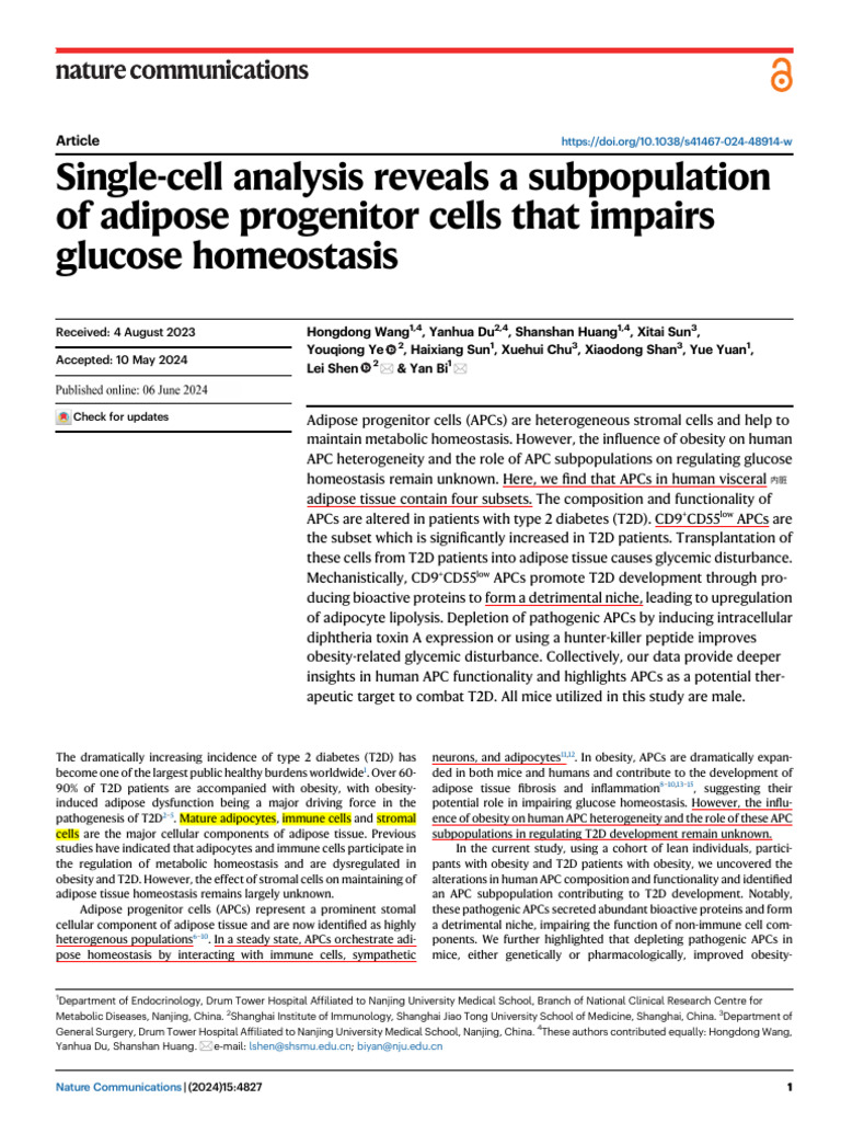 Single-cell analysis reveals a subpopulation of adipose progenitor cells that impairs glucose ...