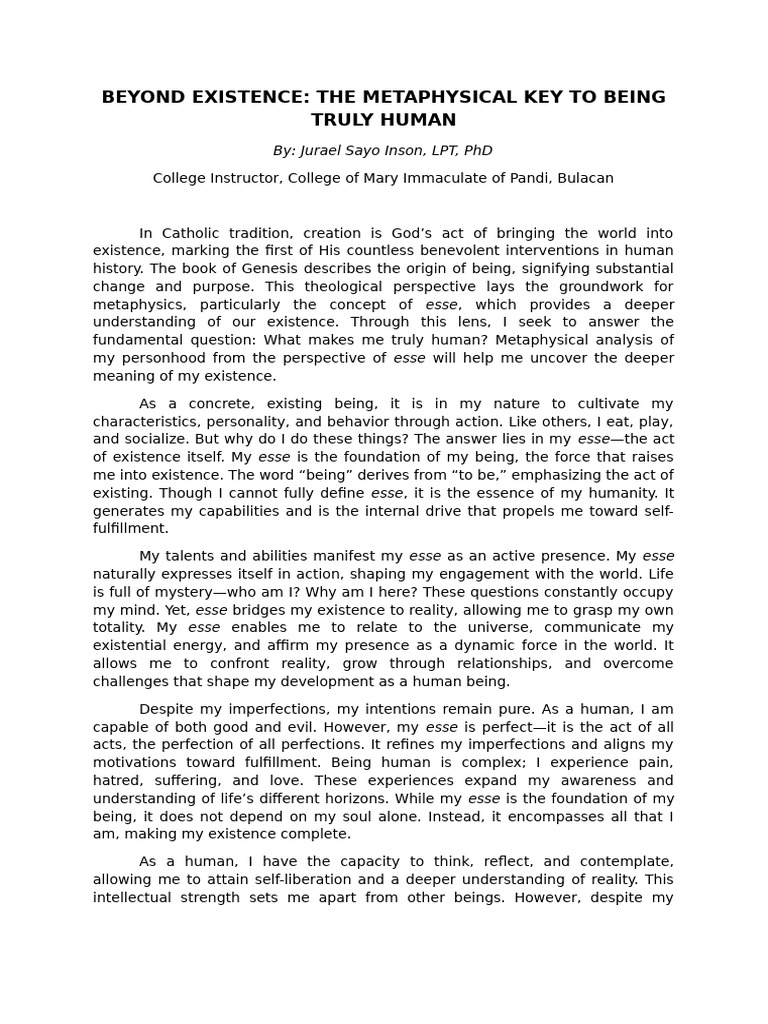 Metaphysics of Human Existence Explained | PDF | Existence | Metaphysics
