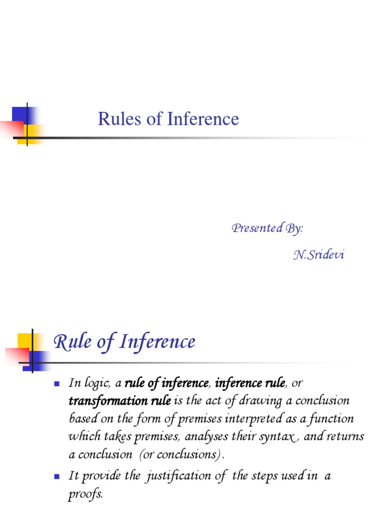 Rules of Inference: Presented By: N.Sridevi | PDF | Inference | Logical ...