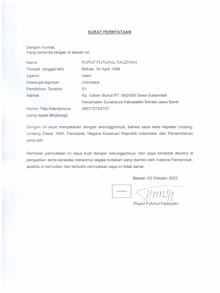 Pernyataan Setia Pancasila Puput | PDF