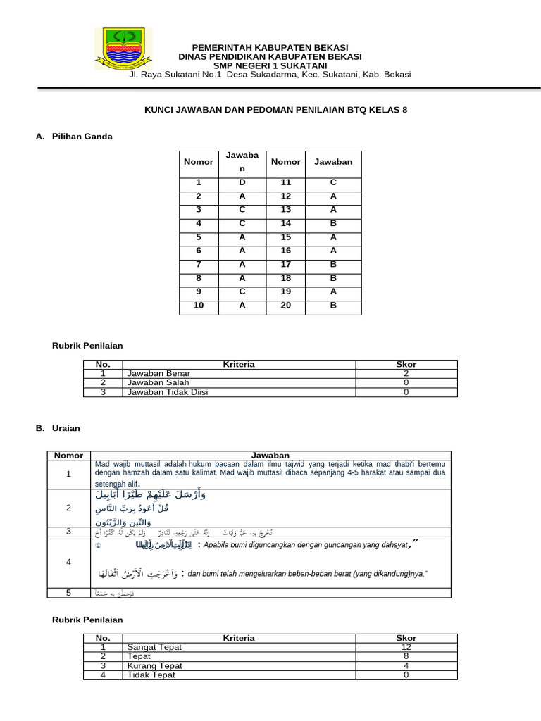 Template Btq Kunci Jawaban & Pedoman Penilaian Pts Genap 2425_mapel_kelas (2) | PDF