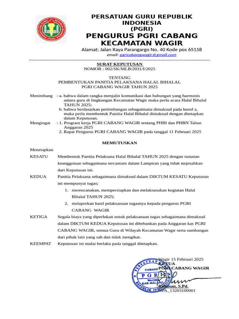 Pembentukan Panitia Halal Bihalal PGRI 2025 | PDF