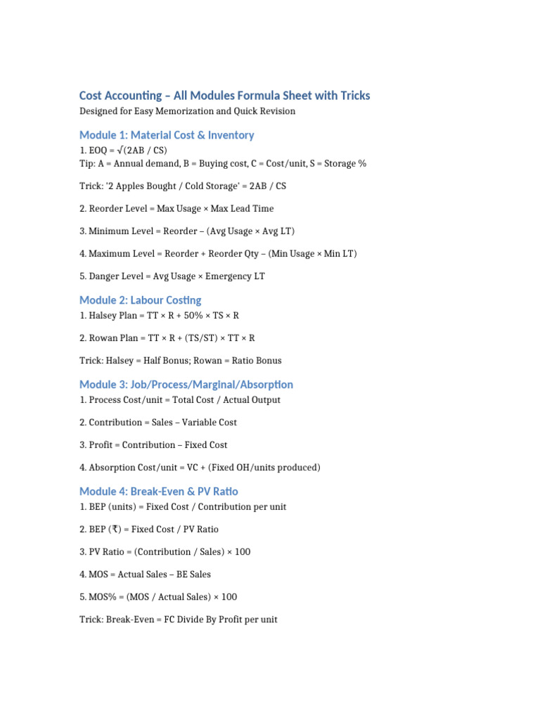 Cost Accounting All Formula Sheet With Tricks | PDF