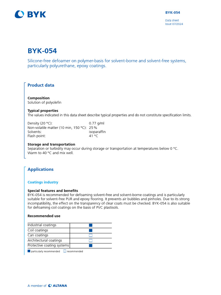 BYK-054 - Defomer SB & SF (Polyolefin) For PU & Epoxy | PDF | Epoxy | Implied Warranty