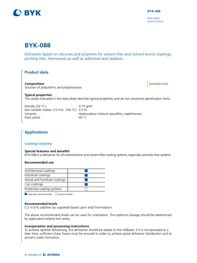 BYK-088 - Defomer SF & SB (Polyolefins & Polysiloxane) For PU & Epoxy ...