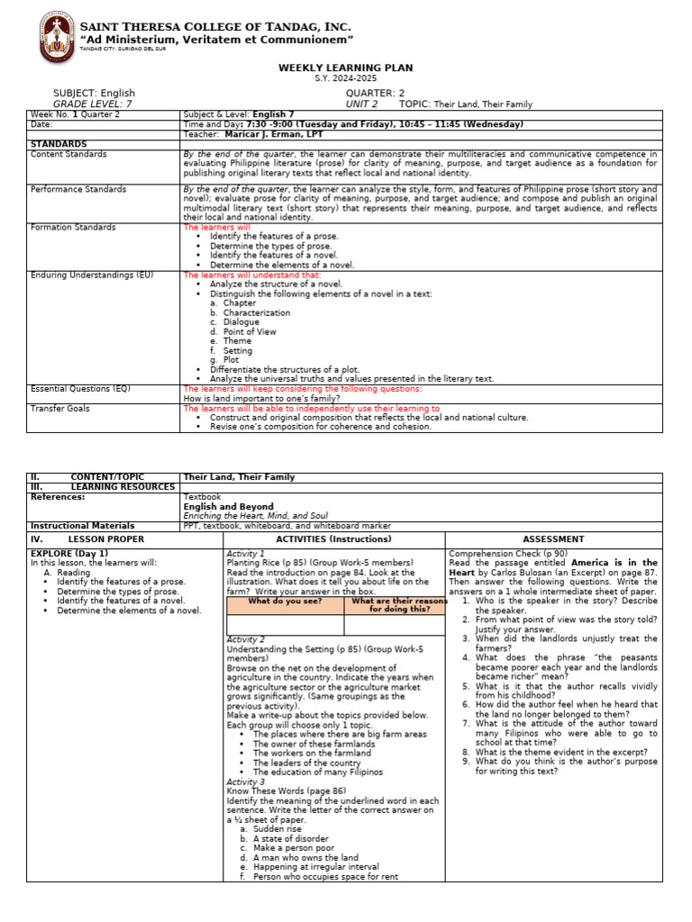 English 7 Weekly Learning Plan: Quarter 2 | PDF | Learning | Teachers