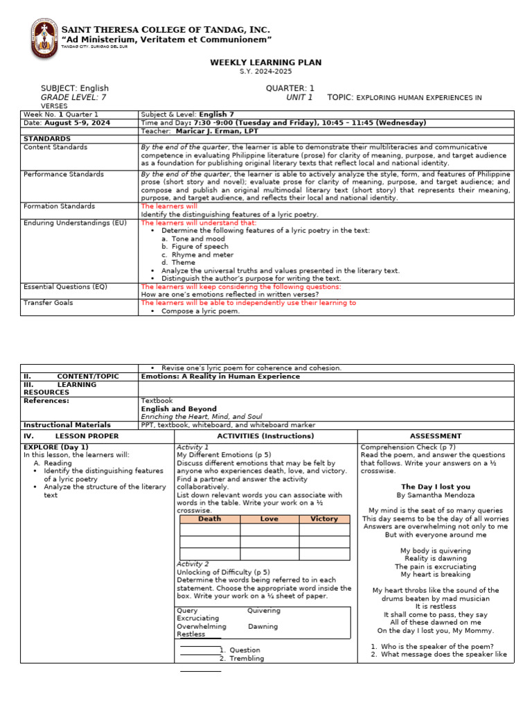English 7 Quarter 1 Learning Plan | PDF | Poetry | Narrative
