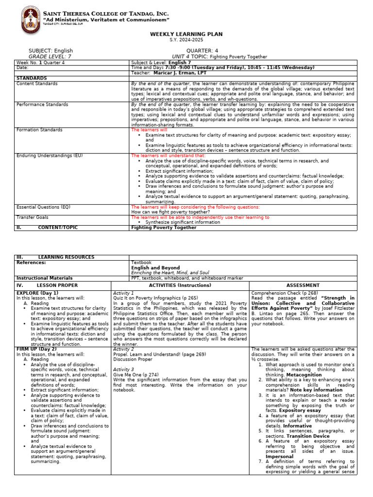 English 7 Weekly Learning Plan: Poverty | PDF | Essays | Reading ...