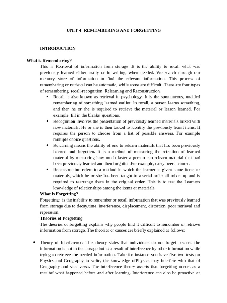 Remembering and Forgetting | PDF | Recall (Memory) | Memory