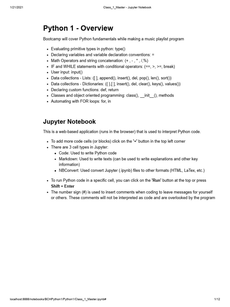 Class - 1 - Master - Jupyter Notebook | PDF | Boolean Data Type | Python (Programming Language)