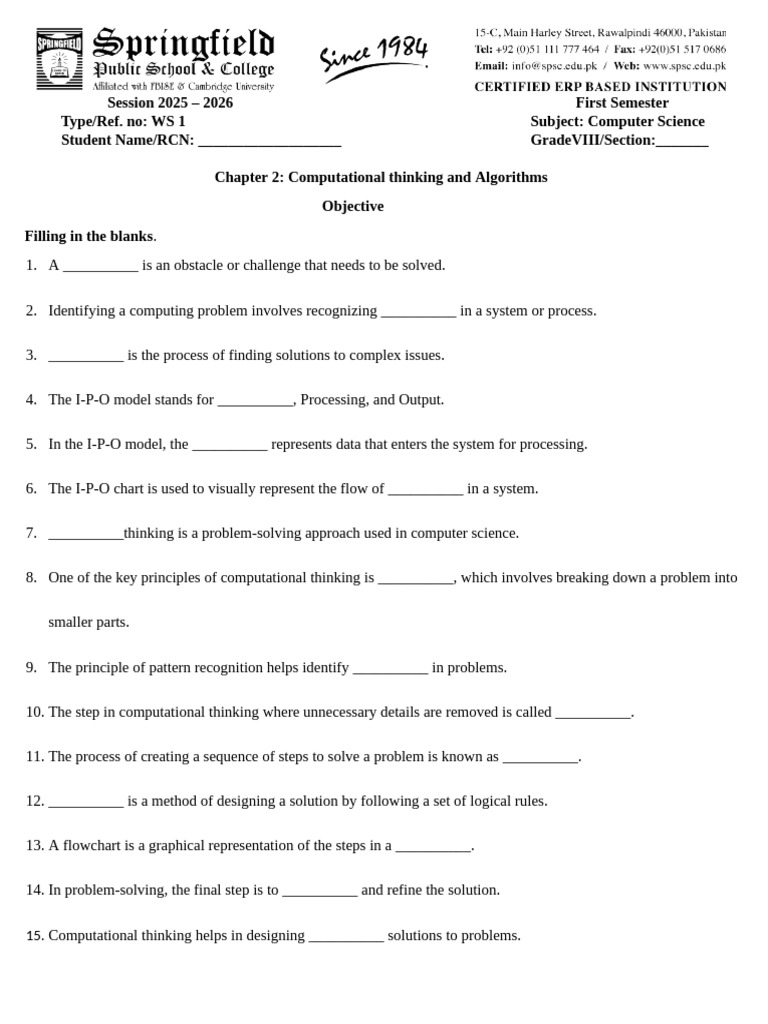 Chapter NO 02 Work Sheet No 02 Grade 8 | PDF