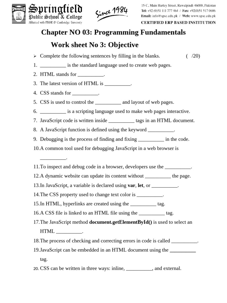 Chapter NO 03 Work Sheet No 3 Grade 8 | PDF