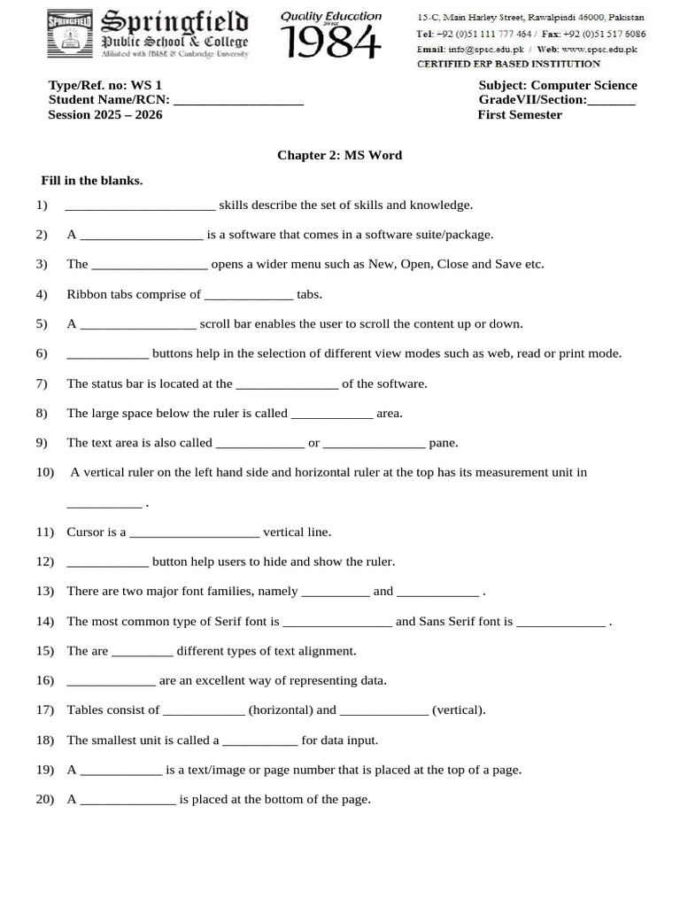 Grade 7 Chapter 2 Objective Sheet | PDF | Typefaces | Microsoft Word
