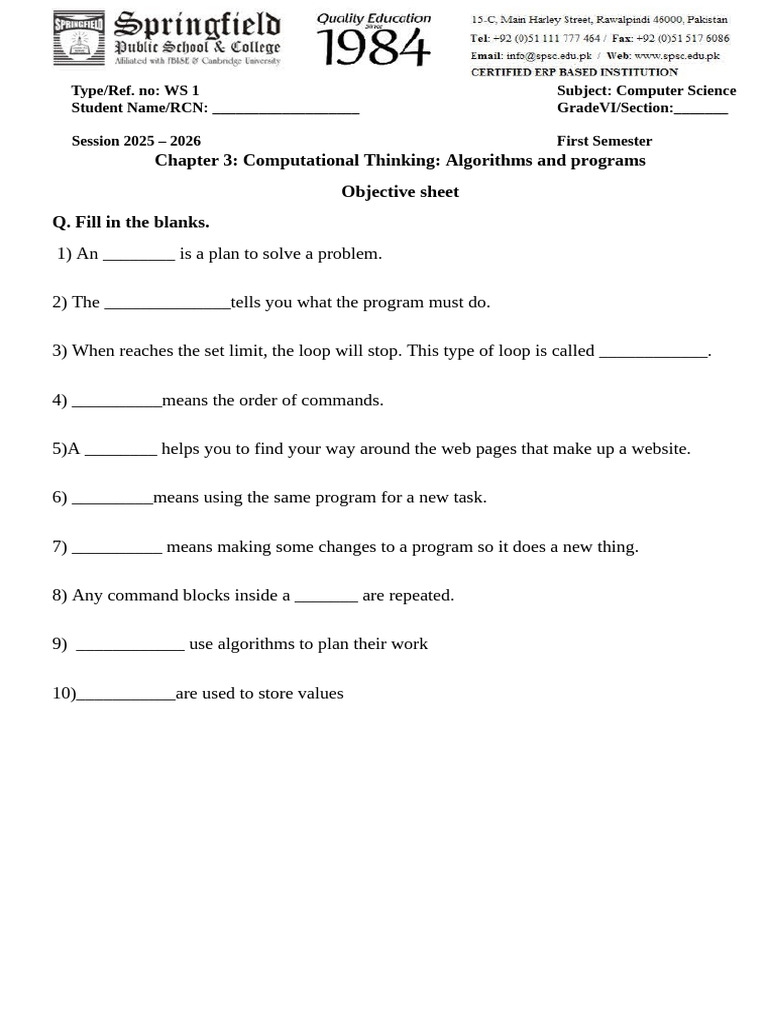 Grade 7 Chapter 1 Objective Sheet | PDF