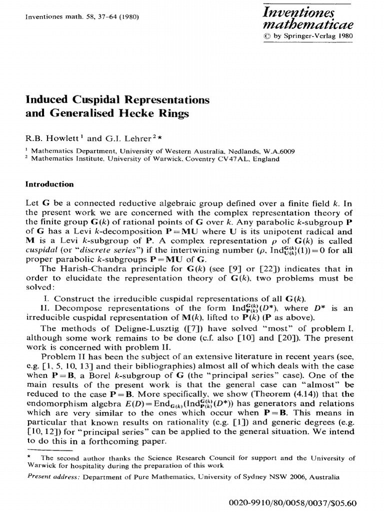 (1980) Induced Cuspidal Representations and Generalised Hecke Rings - Howlett, R. B. Lehrer, G ...