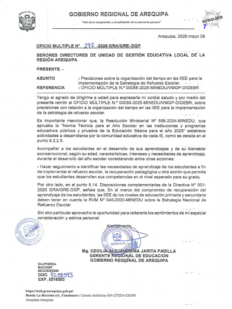 Oficio Múltiple #192-2025 GRA-GRE - G Precisiones Sobre El Refuerzo Escolar Escaneado y Anexos ...