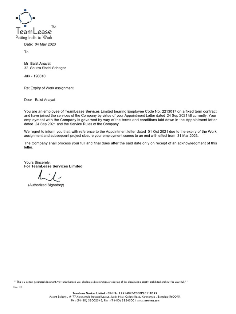 Work Assignment Closure Letter | PDF