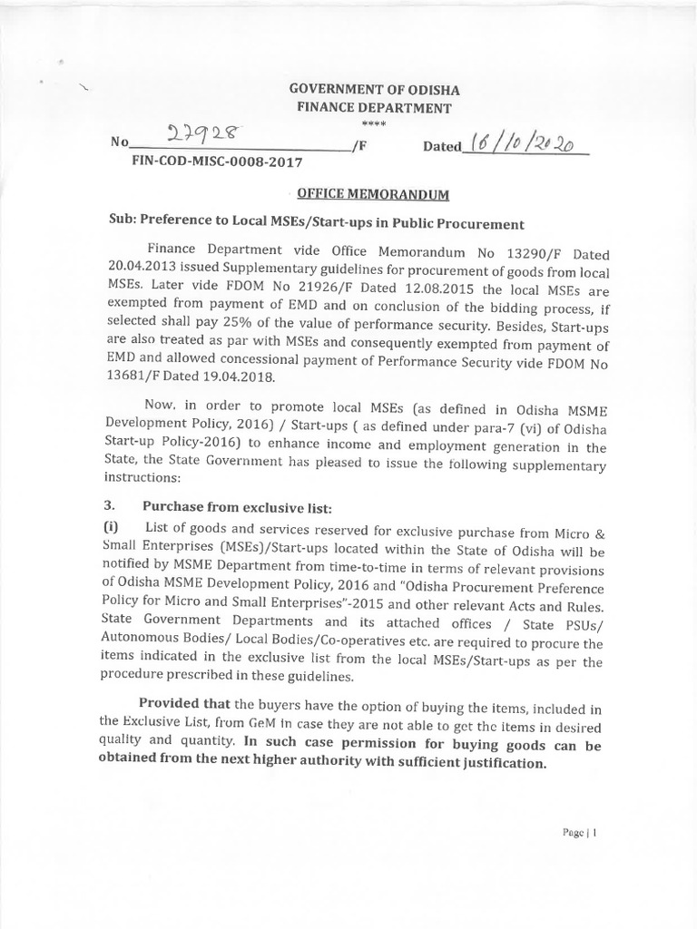 Fin Dept Memo - Policy - Pref For MSME & Start Up | PDF