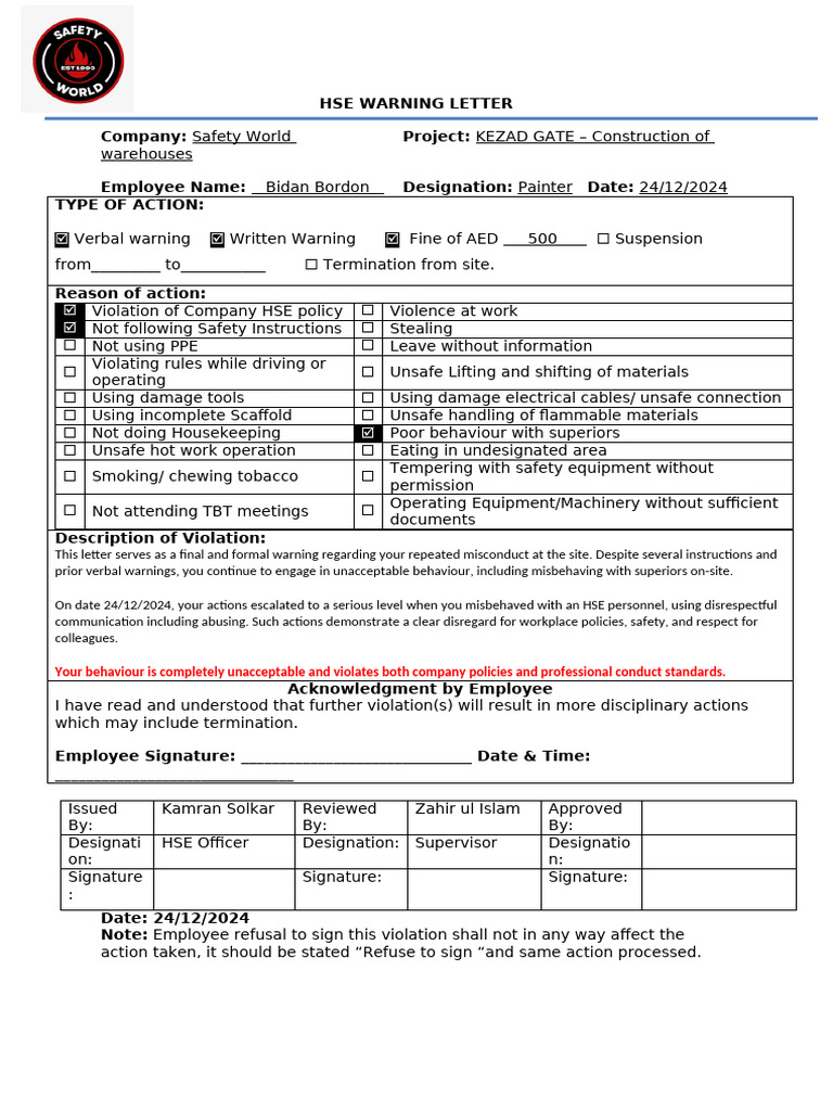 HSE WARNING LETTER - Bidna Bordon | PDF