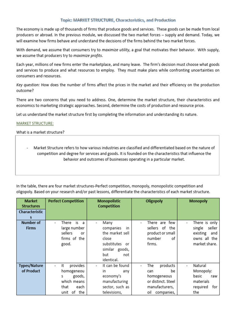 Market Structure Activity | PDF | Profit (Economics) | Monopoly