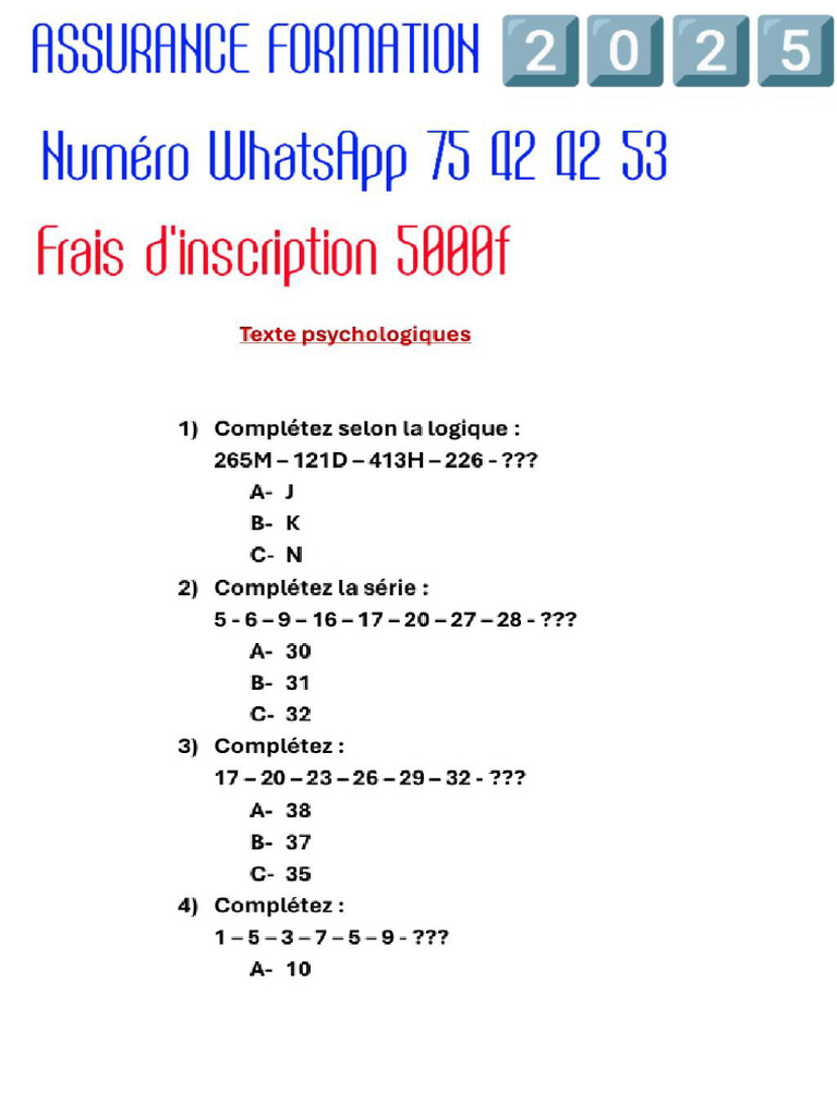 ASSURANCE FORMATION 2025, Partie Phcycotecnique | PDF