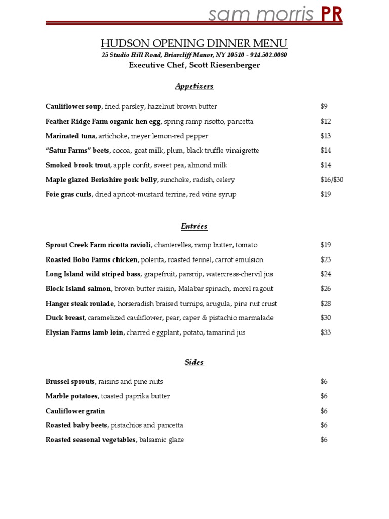 Hudson Restaurant Opening Dinner Menu | PDF
