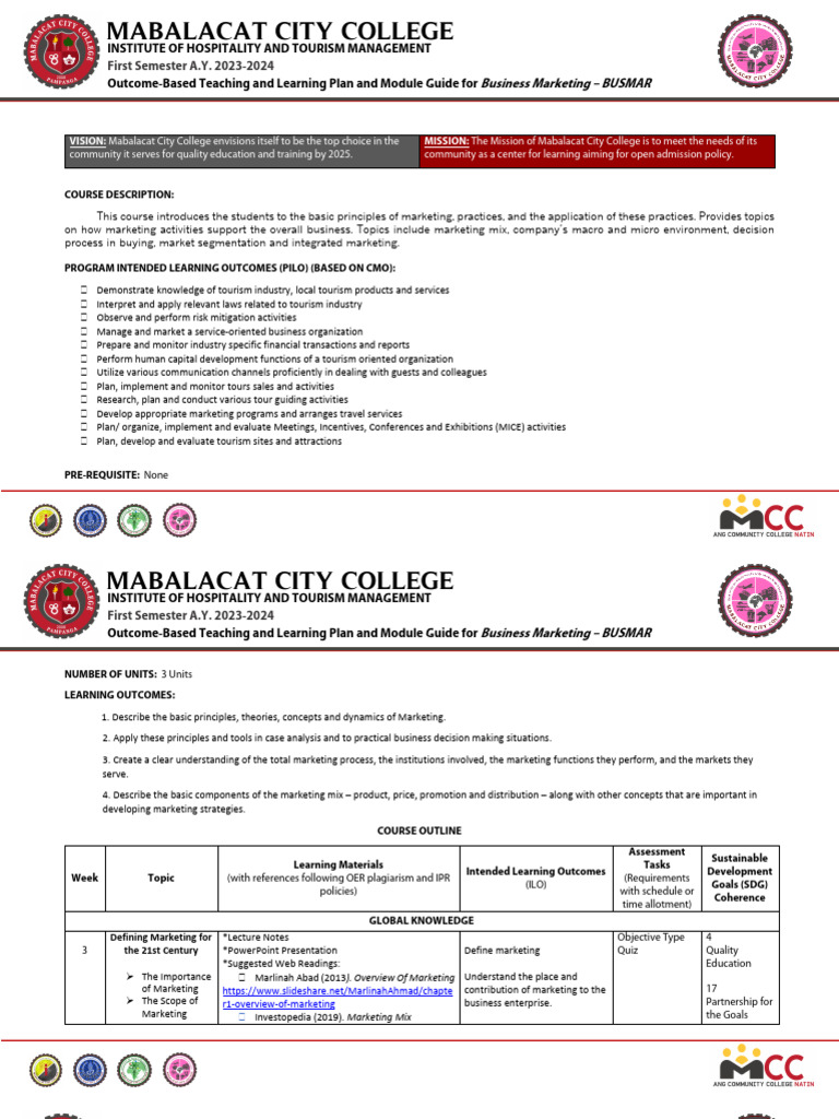 Business Marketing Sample Course Syllabus | PDF | Marketing | Market ...