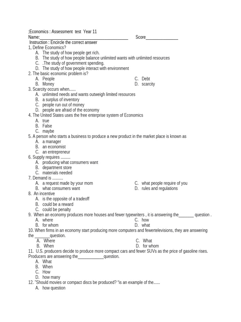 Economics Refresher Assessment | PDF | Economics | Employment