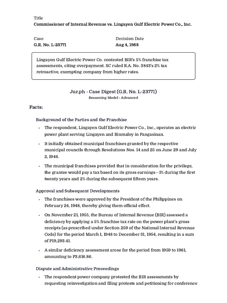 Case Digest - G.R. No. L-23771 - Commissioner of Internal Revenue vs. Lingayen Gulf Electric ...