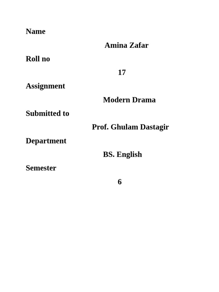 Name Amina Zafar Roll No 17 Assignment Modern Drama Submitted To Prof ...