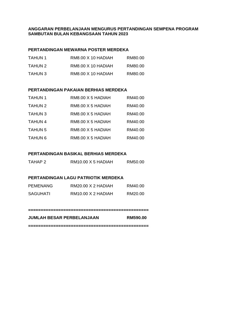 Annggaran Perbelanjaan Sambutan Bulan Kebangsaan Peringkat Sekolah Tahun 2023 | PDF