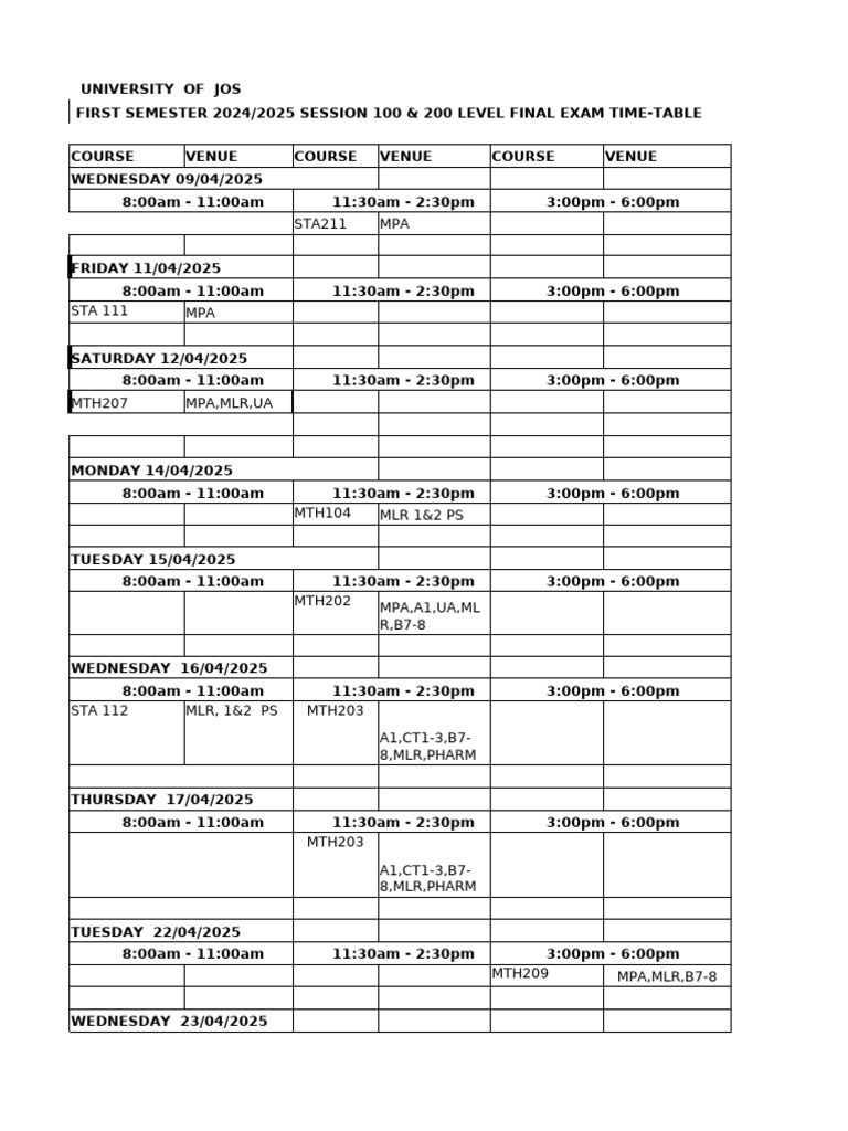 Adjusted First Semester 100 and 200 Levels (2024-2025) Final@@ Exams ...