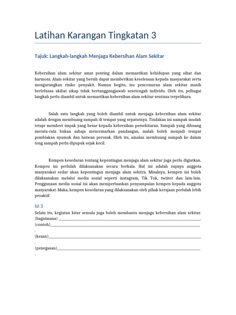 Karangan Tingkatan 3 Kebersihan Alam Sekitar | PDF
