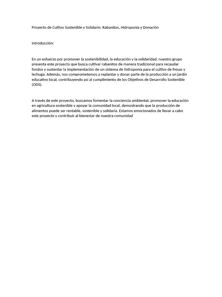 Proyecto de Cultivo Sostenible y Solidario | PDF