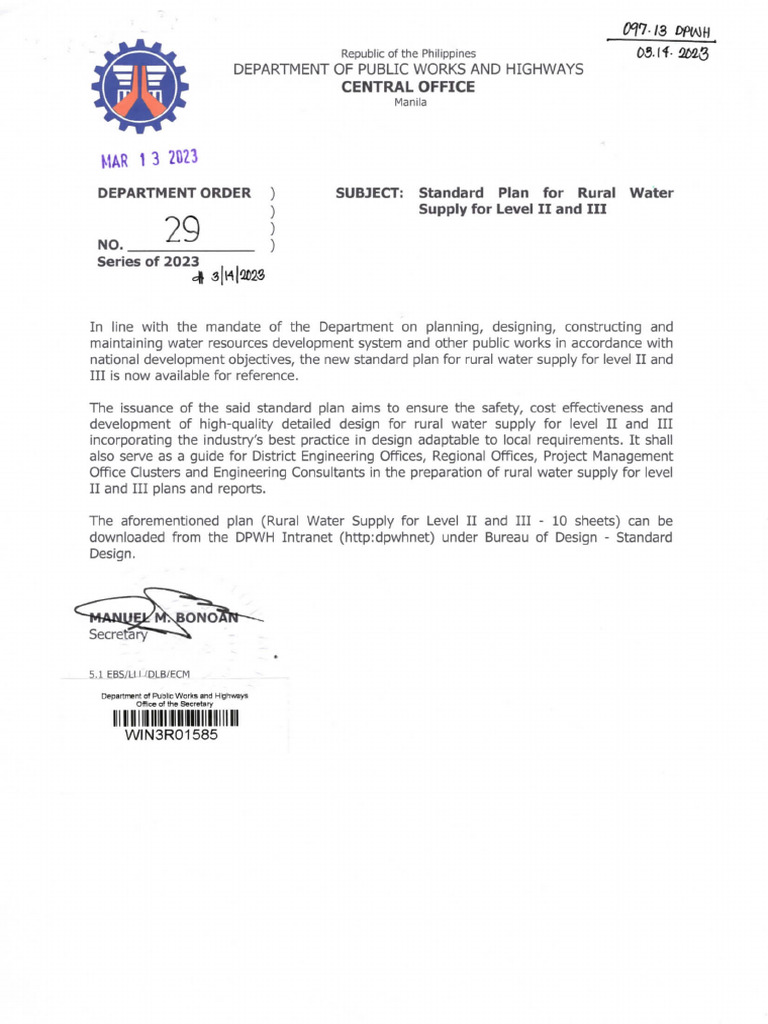 DPWH - DO - 029 - s2023 - Standard Plan For Rural Water Supply For Level II and III | PDF