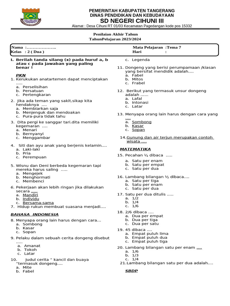 Soal Tema 7 Kelas 2 PAT | PDF