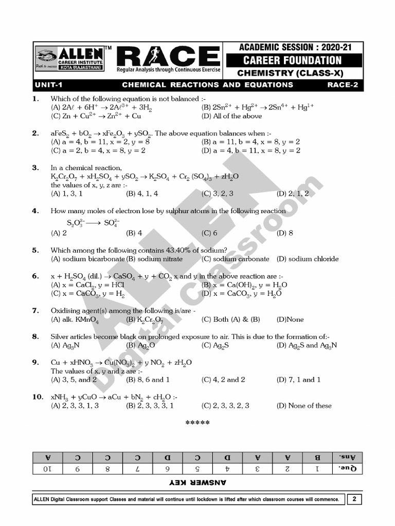 Chemical Reactions - Equations Race - 2 | PDF