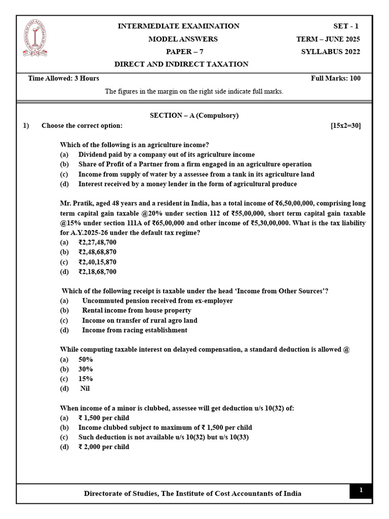Paper7 Syl22 June25 Set1 Sol | PDF | Taxes | Expense