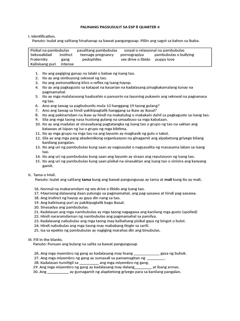 Paunang Pagsusulit Sa Esp 8 Quarter 4 | PDF