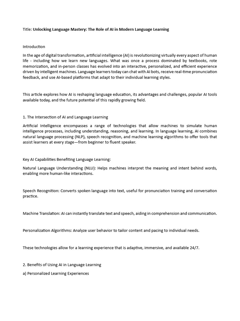Unlocking Language Mastery - The Role of AI in Modern Language Learning ...